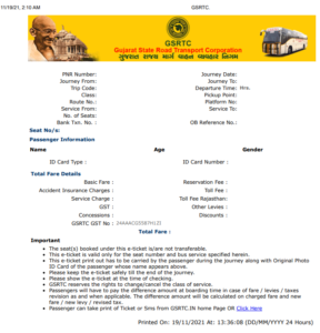 GSRTC Print Ticket SMS Bus Status Download online